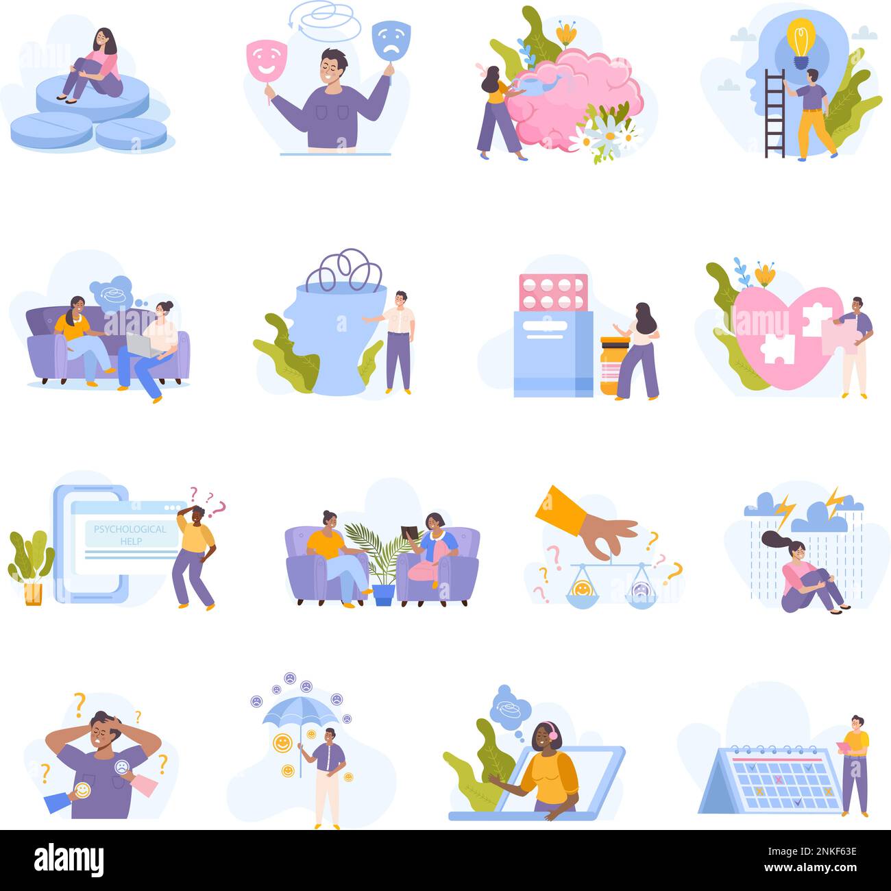 Open mind psychotherapy icons set with mental aid symbols flat isolated ...