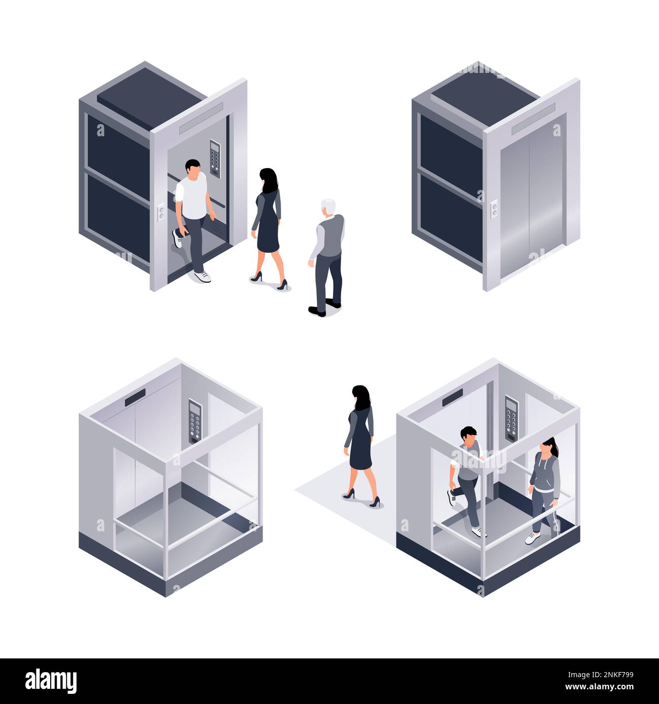 Isometric set of isolated icons with human characters stepping into ...