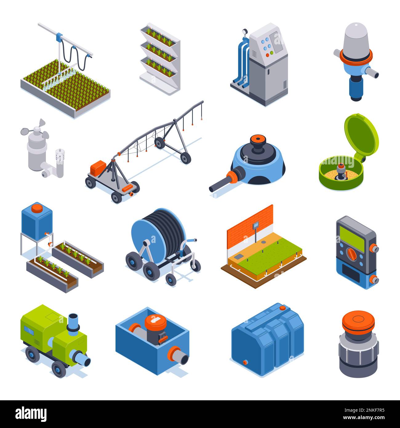 Isometric irrigation systems set with isolated icons of agricultural ...