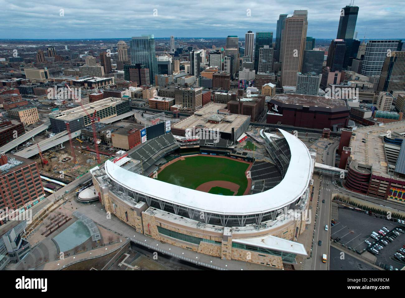 An aerial view of Target Field and downtown skyline, Thursday, Mar. 31 ...