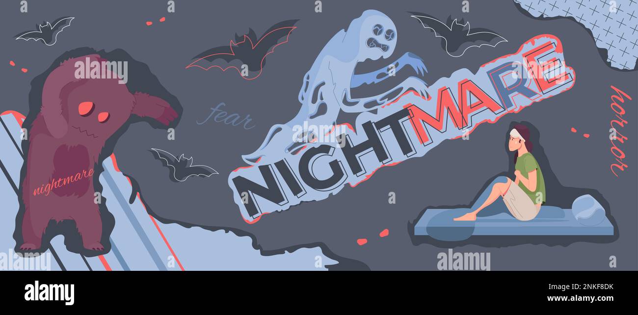 Nightmare flat collage with monsters bats and scared woman sitting on ...