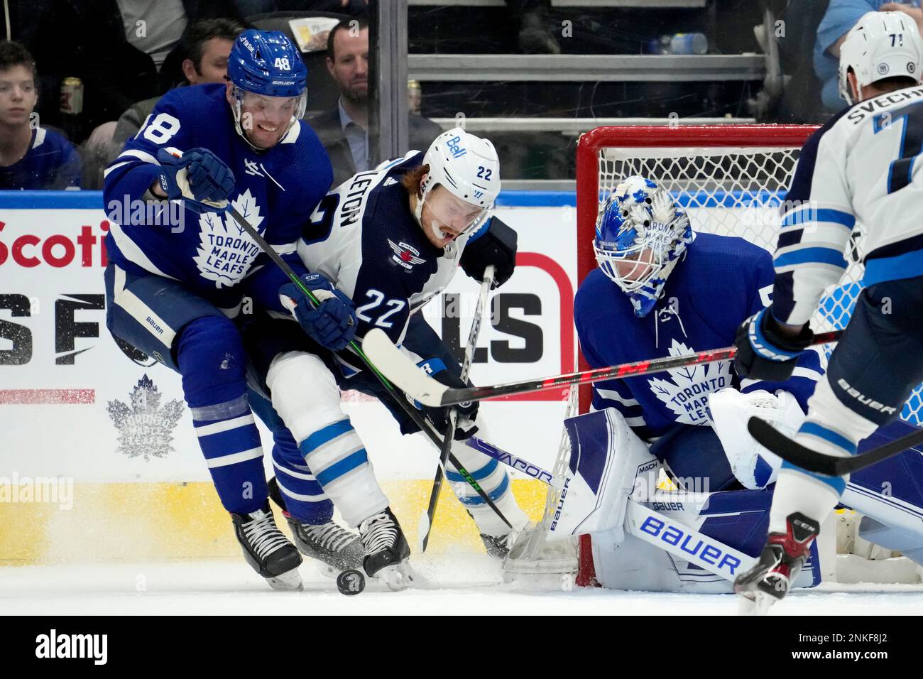 Toronto Maple Leafs goaltender Erik Kallgren (50) looks on as teammate ...