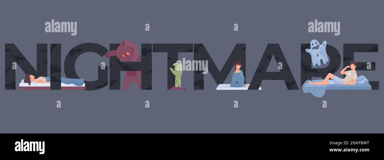 Flat horizontal text banner with nightmares and sleeping people on grey background vector ...