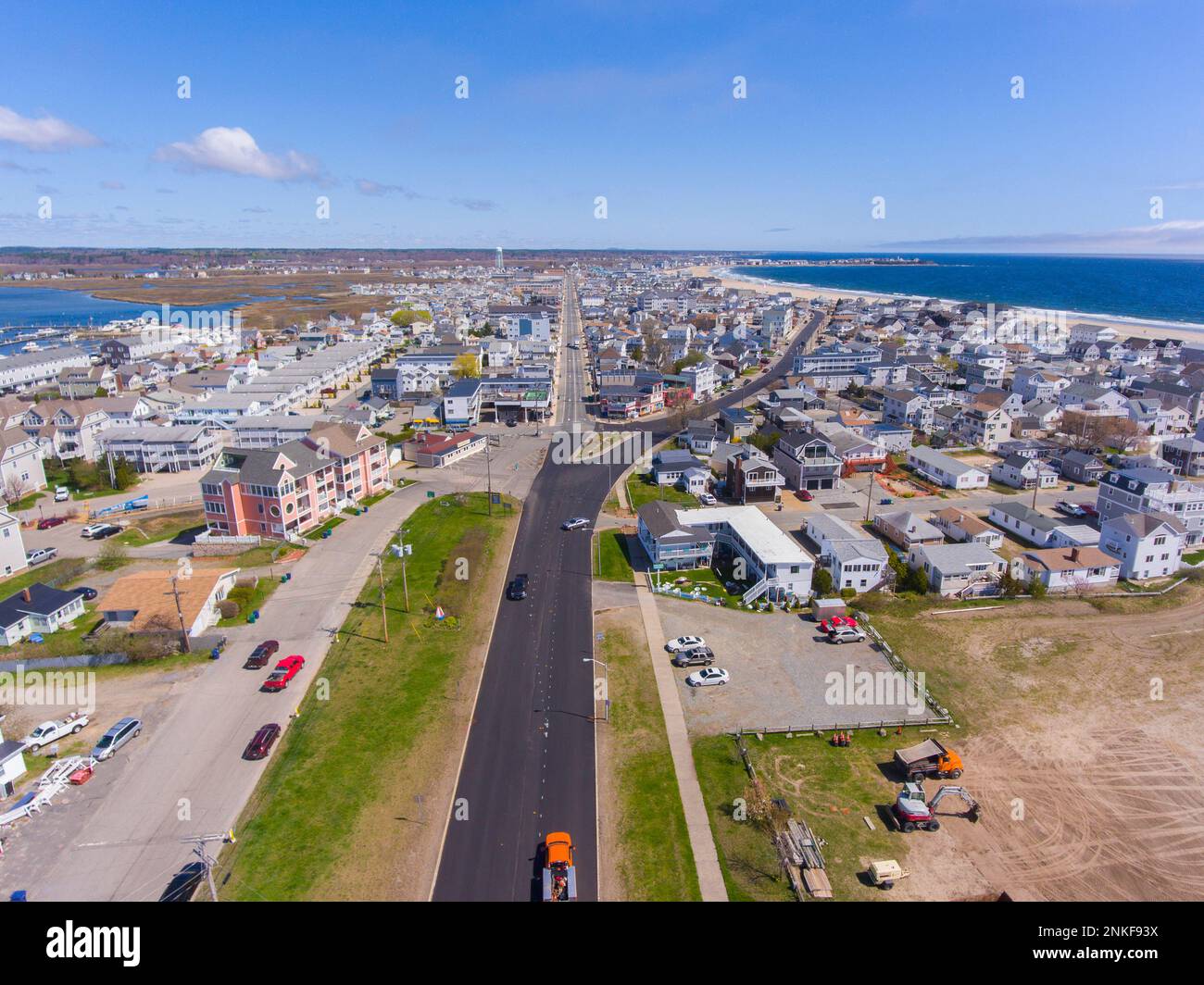 Hampton Beach aerial view including historic waterfront buildings on ...