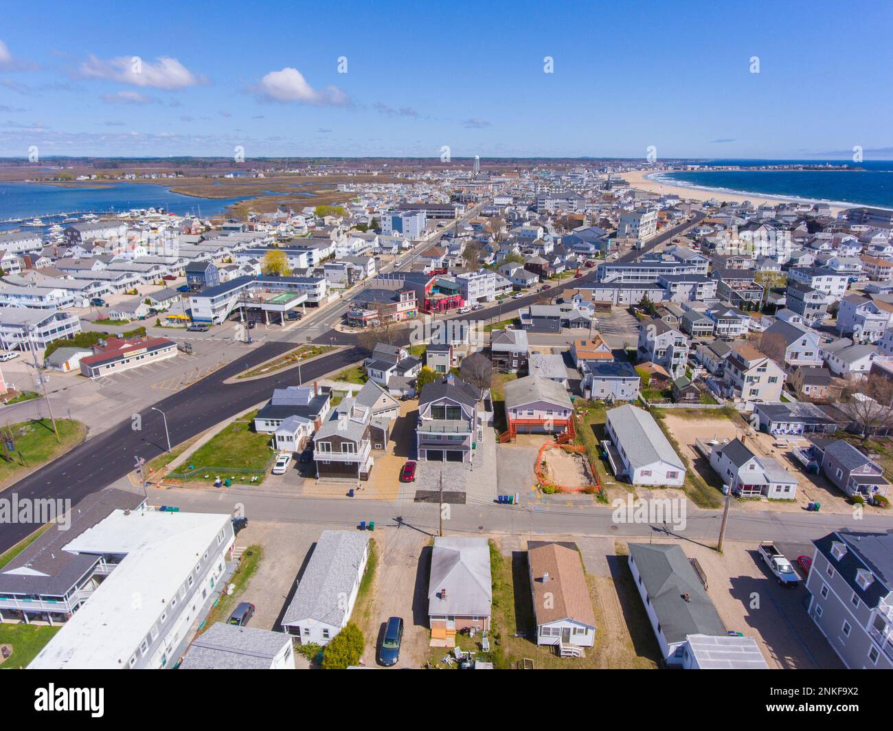 Hampton Beach aerial view including historic waterfront buildings on ...