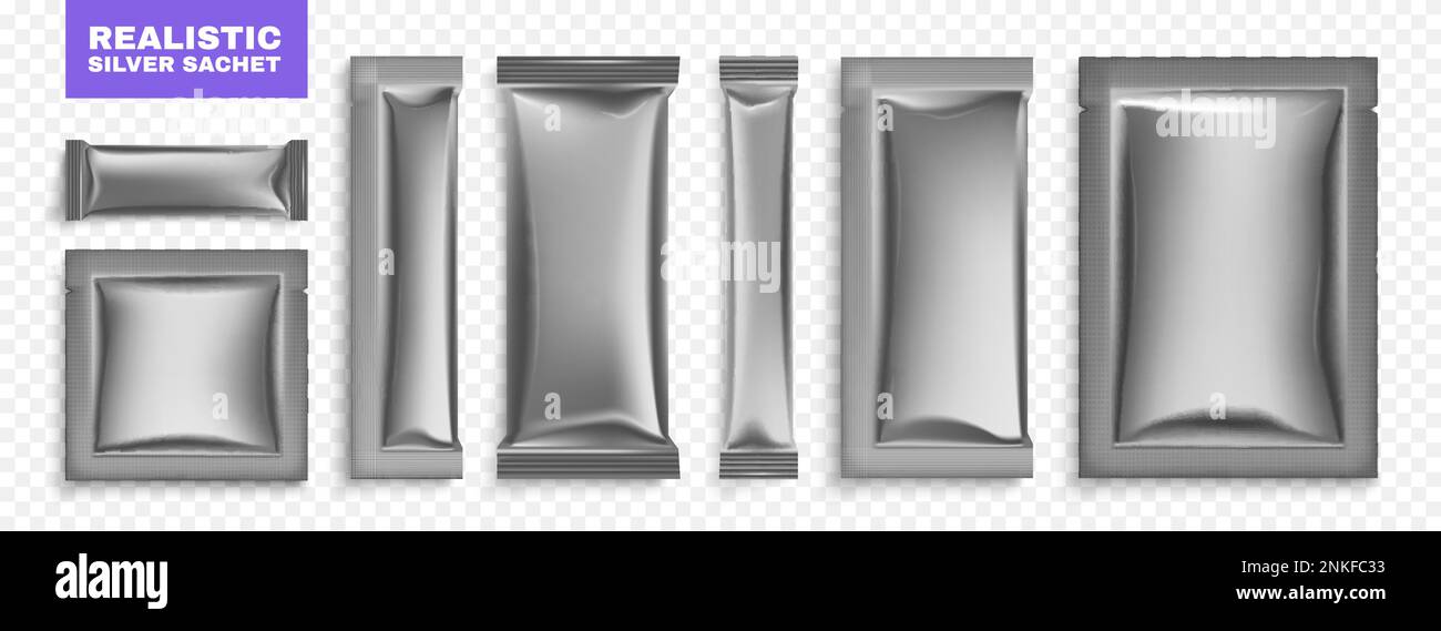 Realistic sachet packet silver set with editable text and top view of empty silver wrapping ...