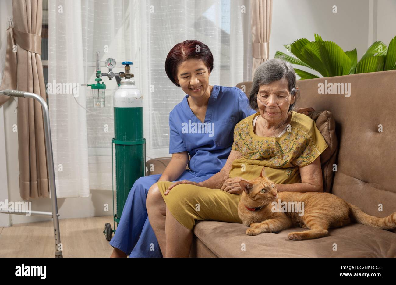Elderly woman wearing oxygen nasal cannula at home Stock Photo - Alamy