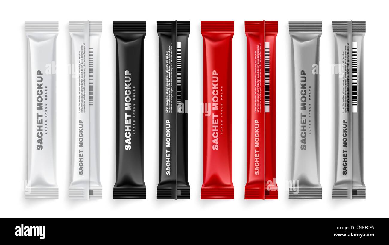 Realistic sachet packing stick color set with isolated top view images ...