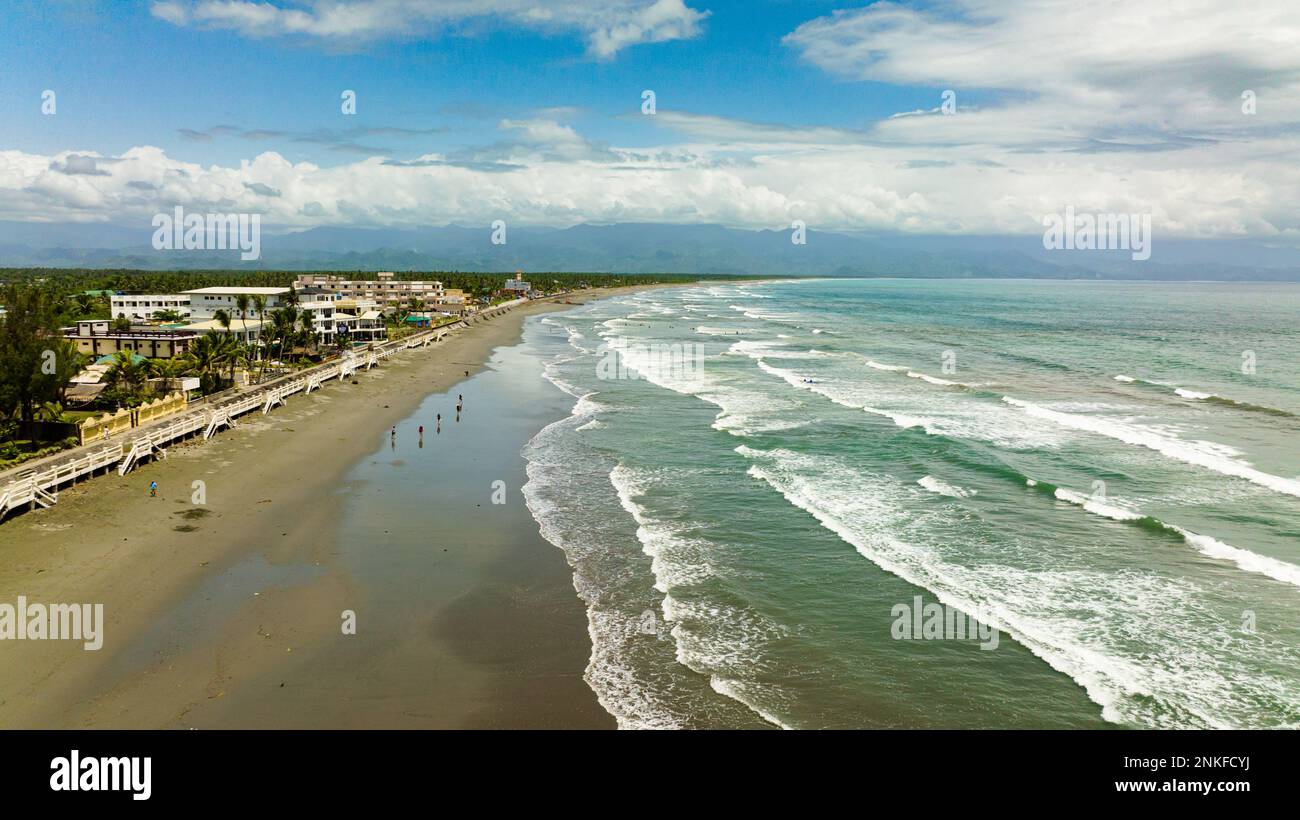 Aerial view of coast with hotels and tourists, a famous place for ...