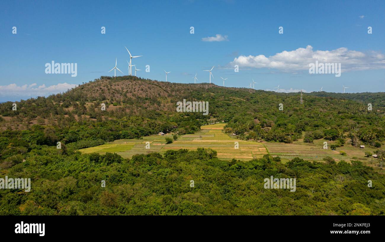 Aerial view of Group of windmills for renewable electric energy ...