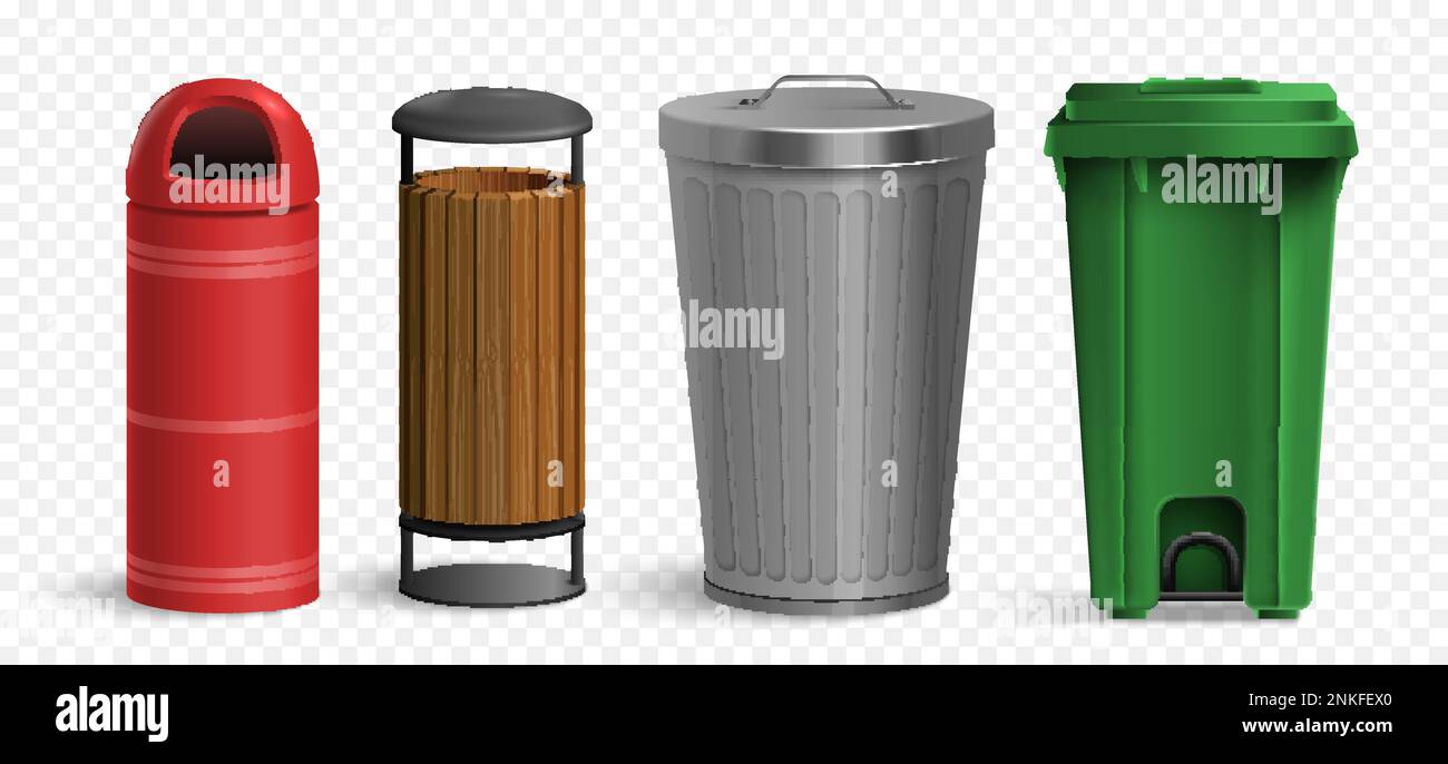 Realistic bin outdoor set with isolated images of trash buckets made of ...
