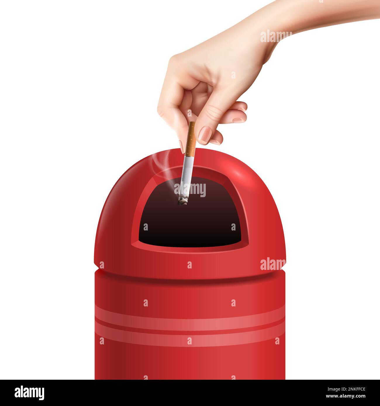 Realistic bin composition with human hand throwing cigarette into red ...