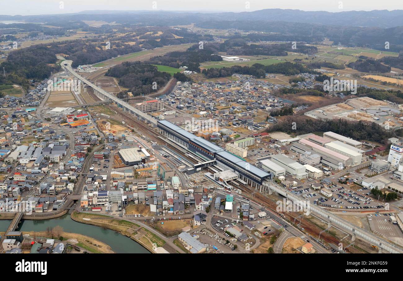 An aerial photo shows the Awara Onsen Station and surrounding area in ...