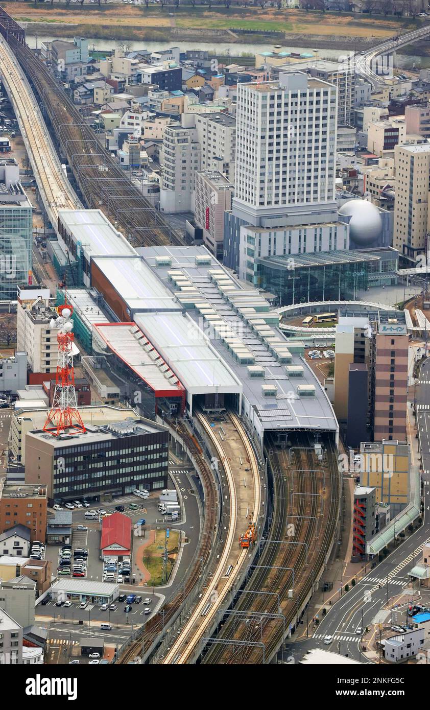 An aerial photo shows the Fukui Station and surrounding area in Fukui ...