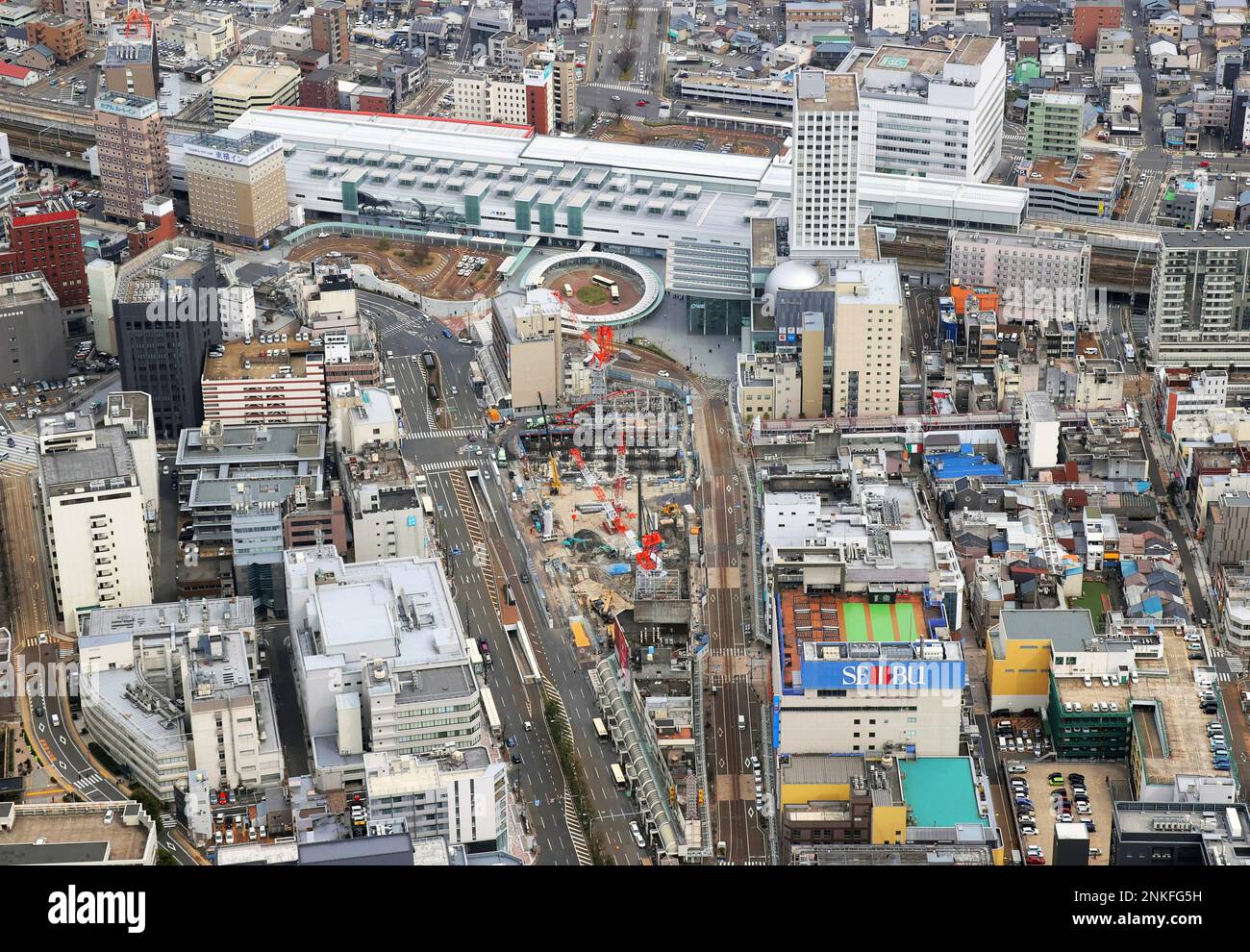 An aerial photo shows the Fukui Station and surrounding area in Fukui ...