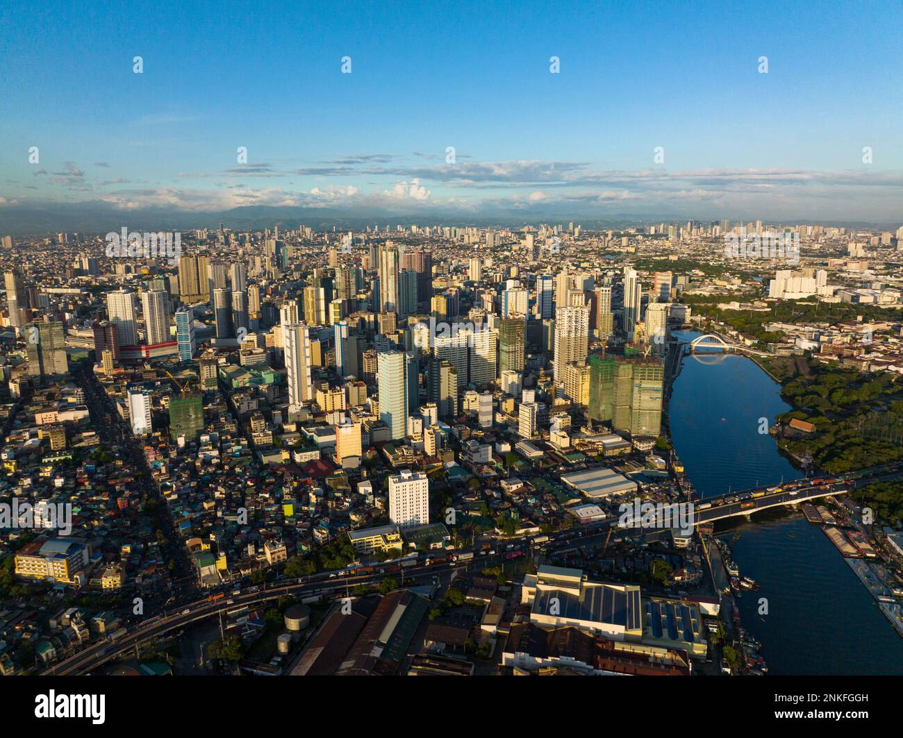 Aerial drone of skyscrapers and business centers in a big city Manila ...