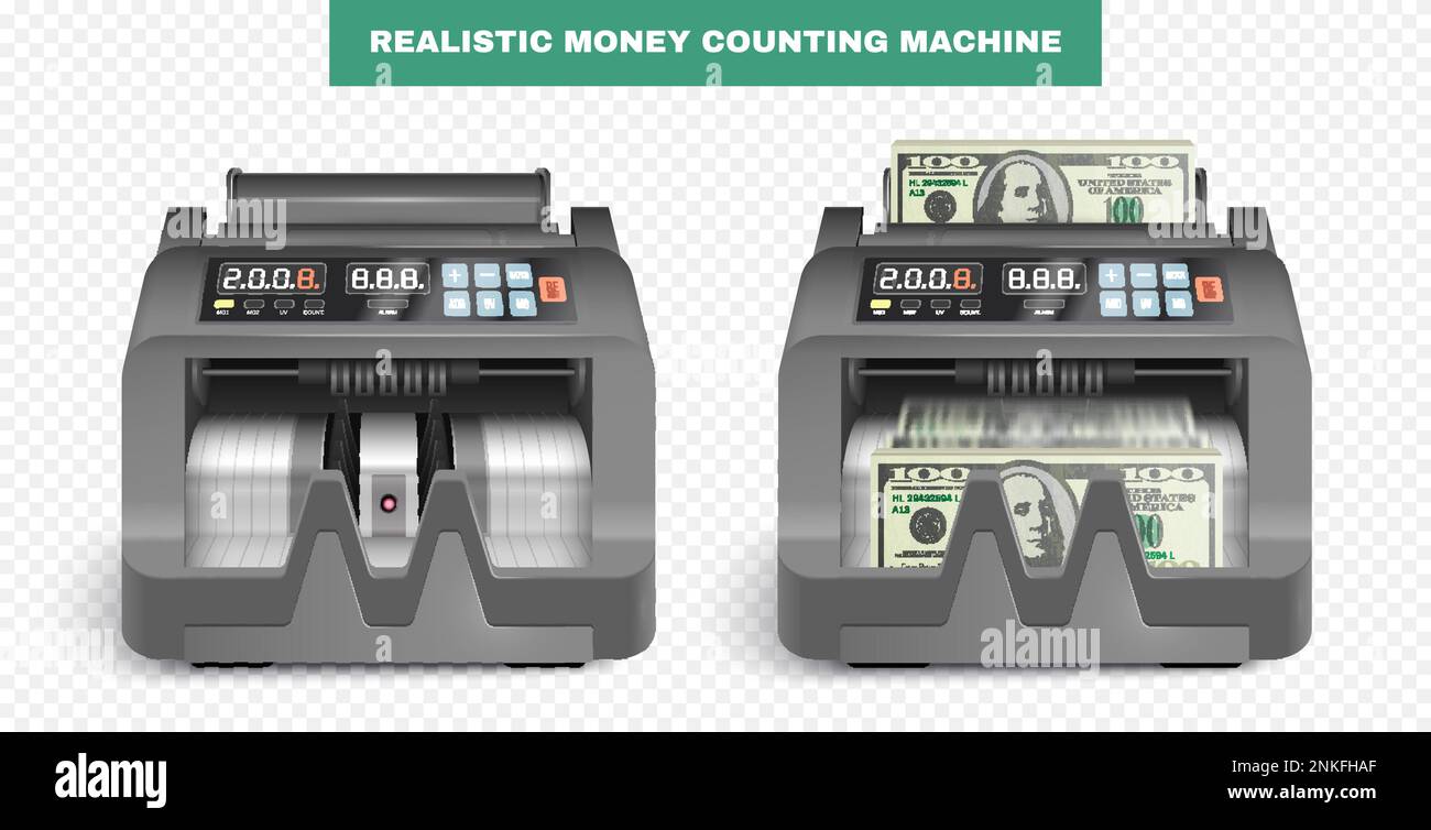 Set with two isolated realistic views of money counting machine with ...