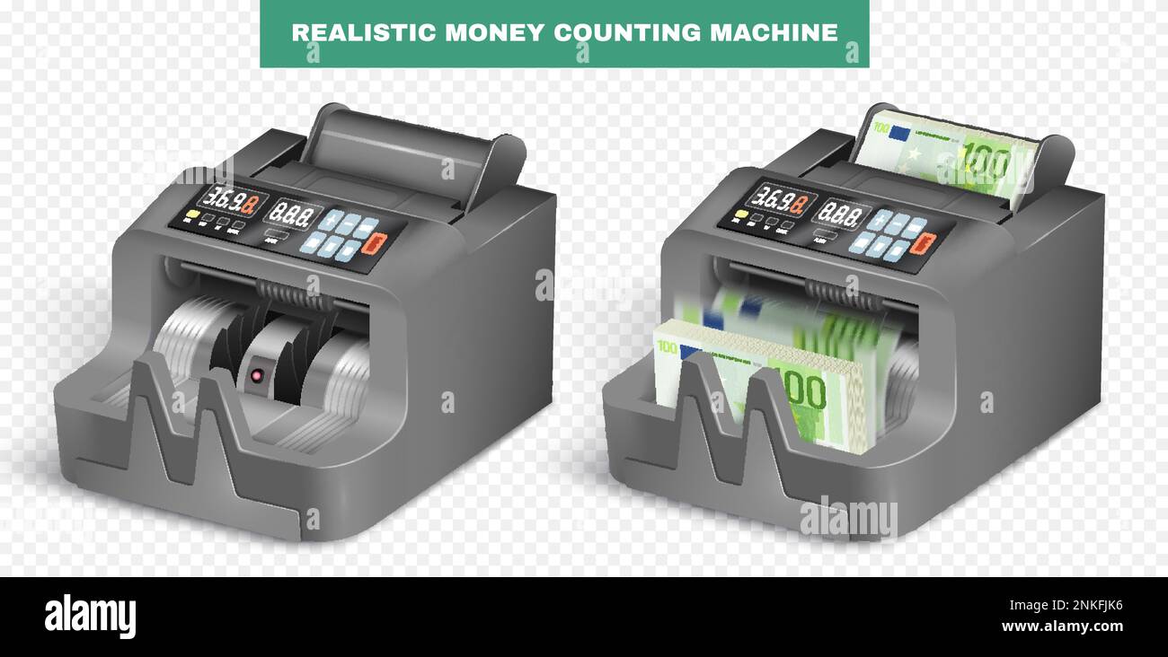 Realistic money counting machine set with two isolated views of empty ...