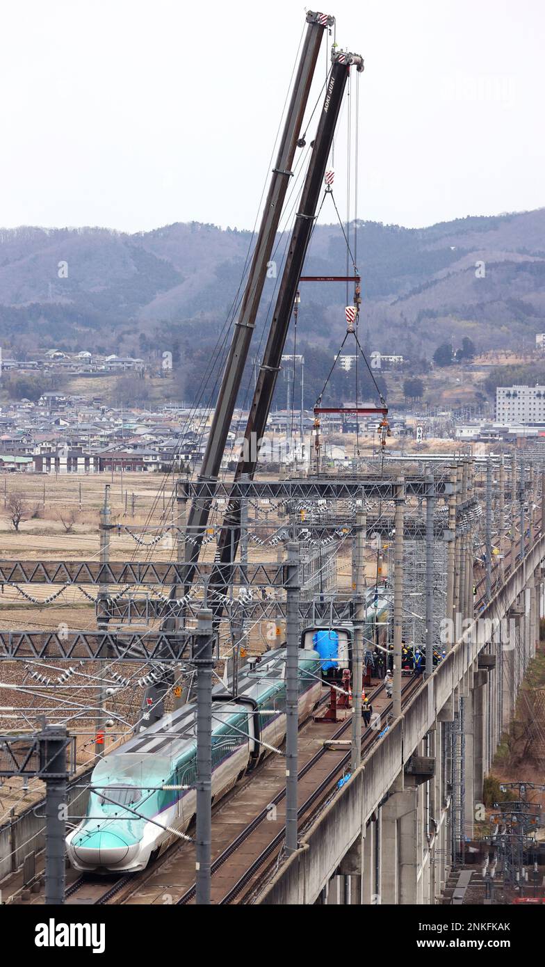 Tohoku-Hokkaido Shinkansen (Bullet train) vehicles which derailed due ...