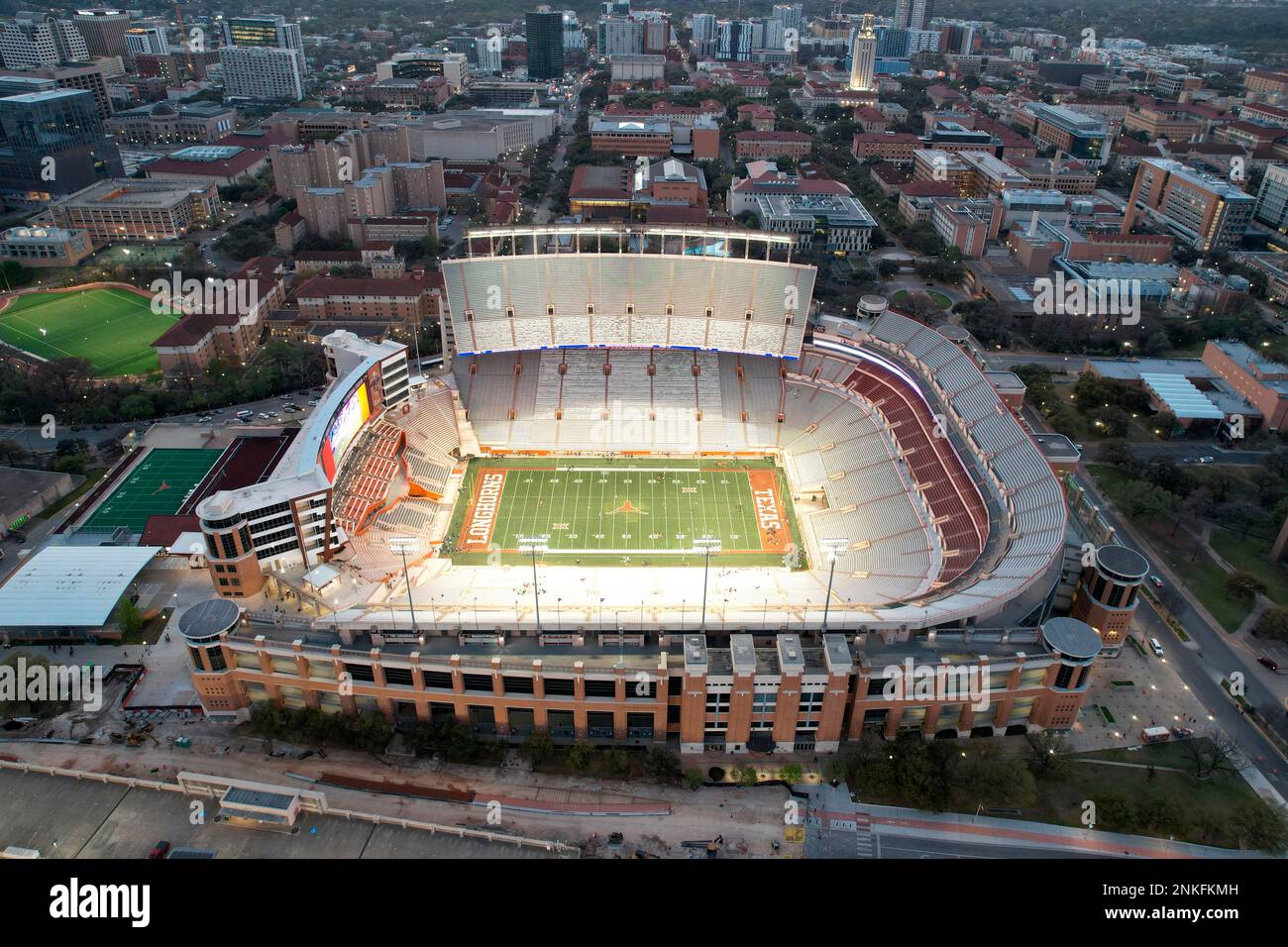 An aerial view of Darrell K Royal-Texas Memorial Stadium on the campus ...