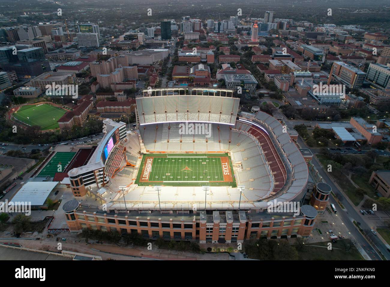 An aerial view of Darrell K Royal-Texas Memorial Stadium on the campus ...