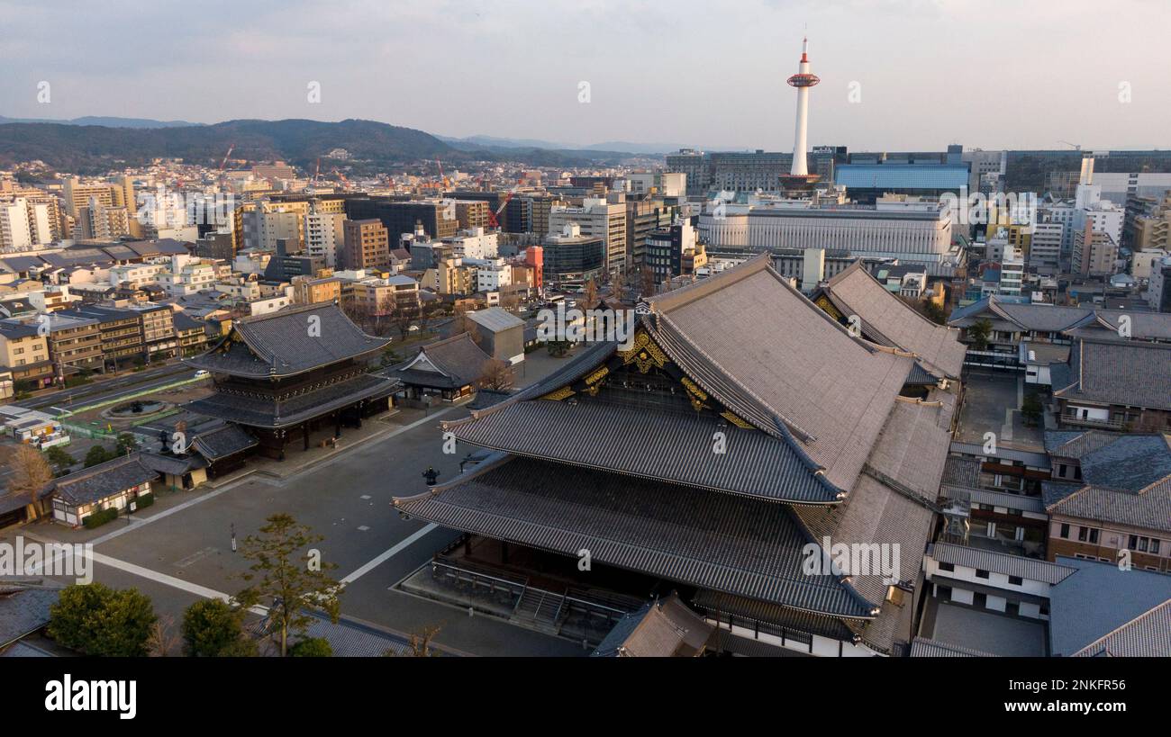 A photo shows HigashiHongaji temple near Kyoto Station in Shimogyo Ward ...