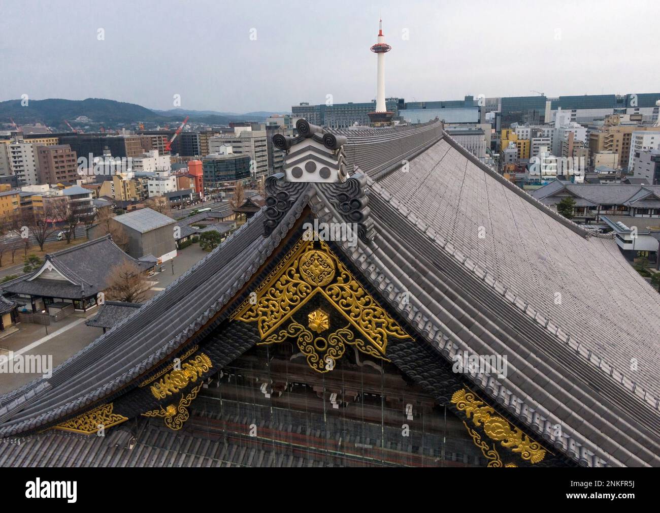A photo shows HigashiHongaji temple near Kyoto Station in Shimogyo Ward ...