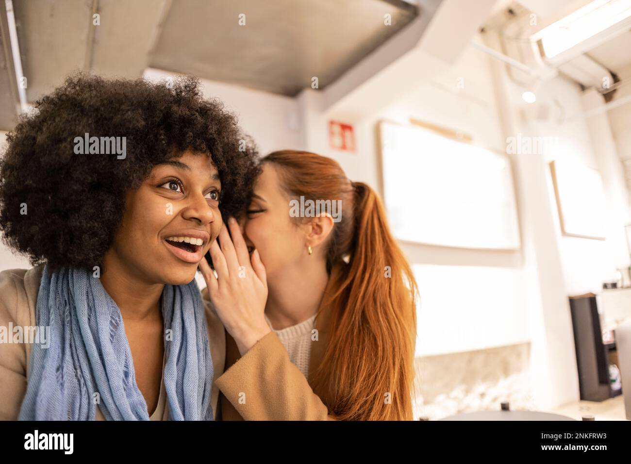 Surprised woman listening to friend whispering in her ear Stock Photo ...