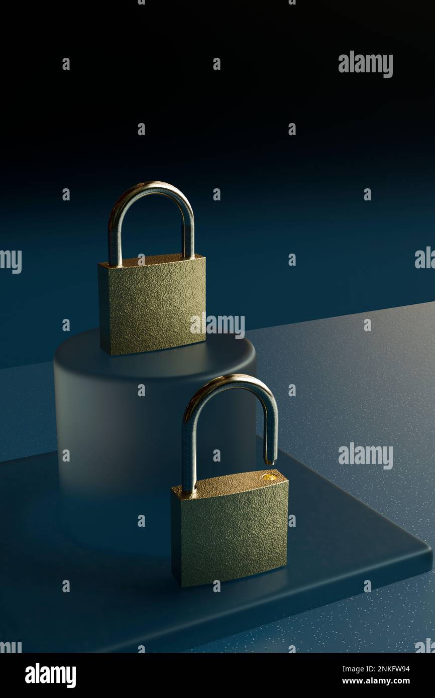 Three dimensional render of two padlocks on pedestal Stock Photo - Alamy