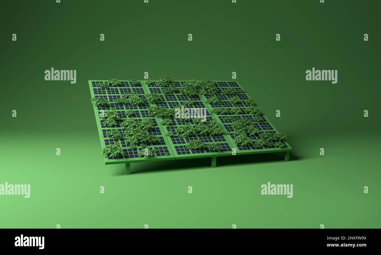 Solar panels covered with plants over green background Stock Photo - Alamy