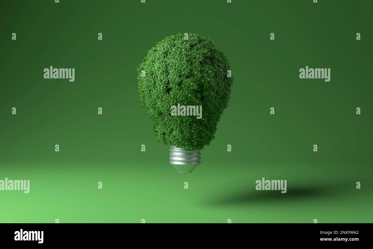 Light bulb covered with green plants against colored background Stock ...