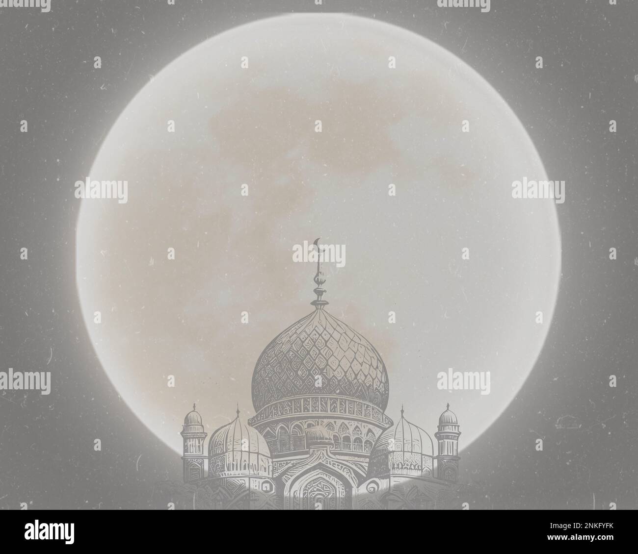 Grey Moonlight and Mosque silhouette background template design with ...