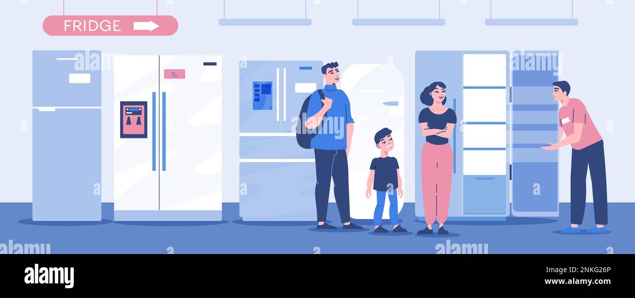 Fridge store horizontal composition with family choosing new refrigeration cabinet with ...