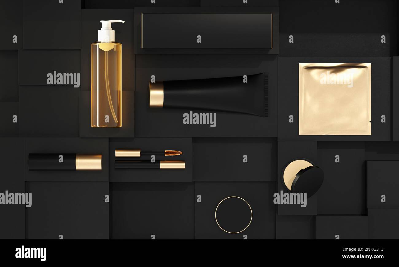 Three dimensional render of premium make-up set in black packaging ...
