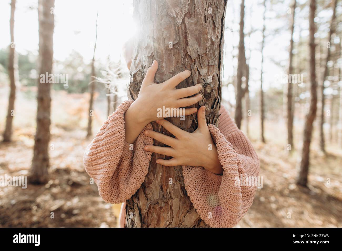 Child hugging tree hi-res stock photography and images - Alamy