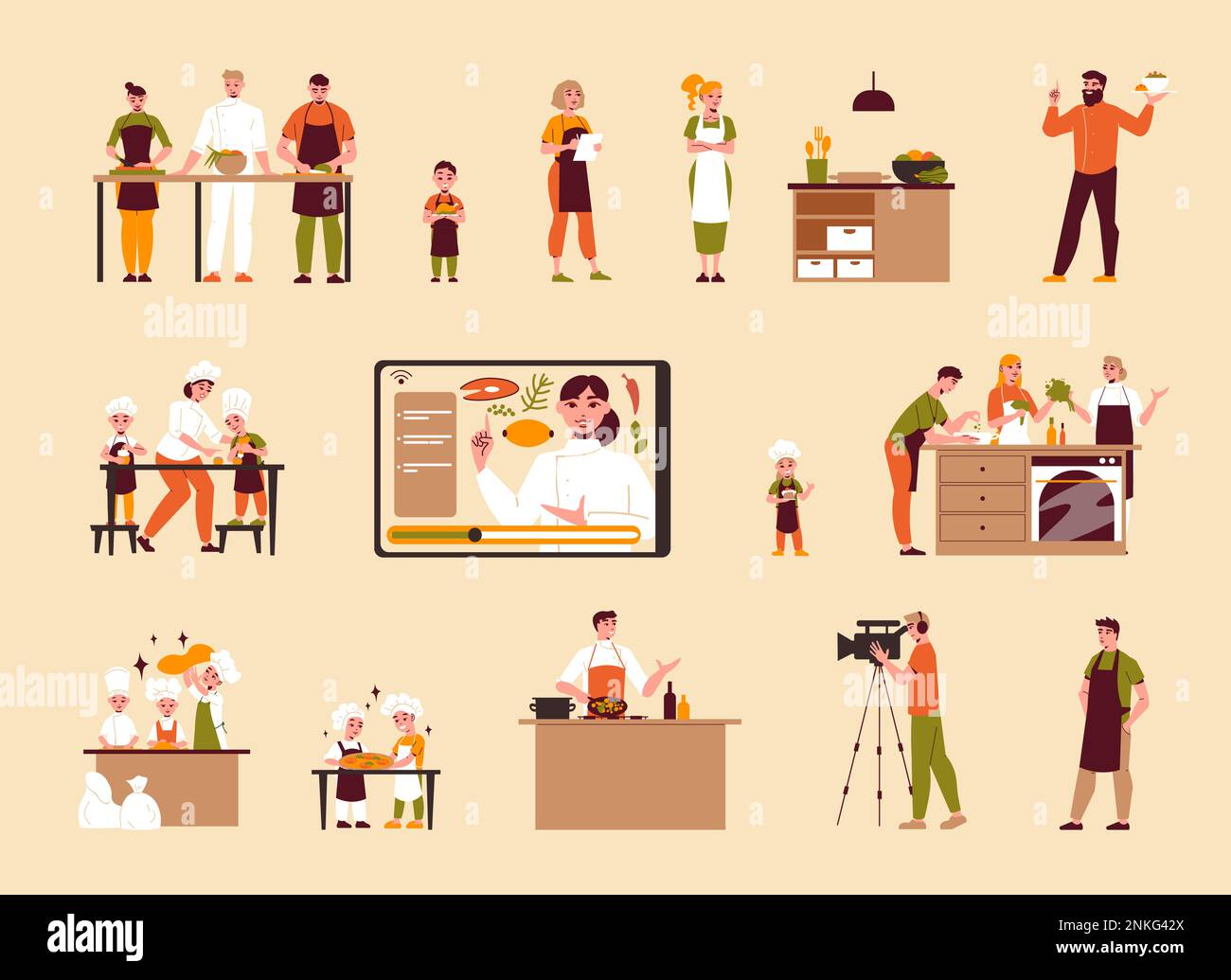 Culinary classes color set of professional chefs teaching adults and ...