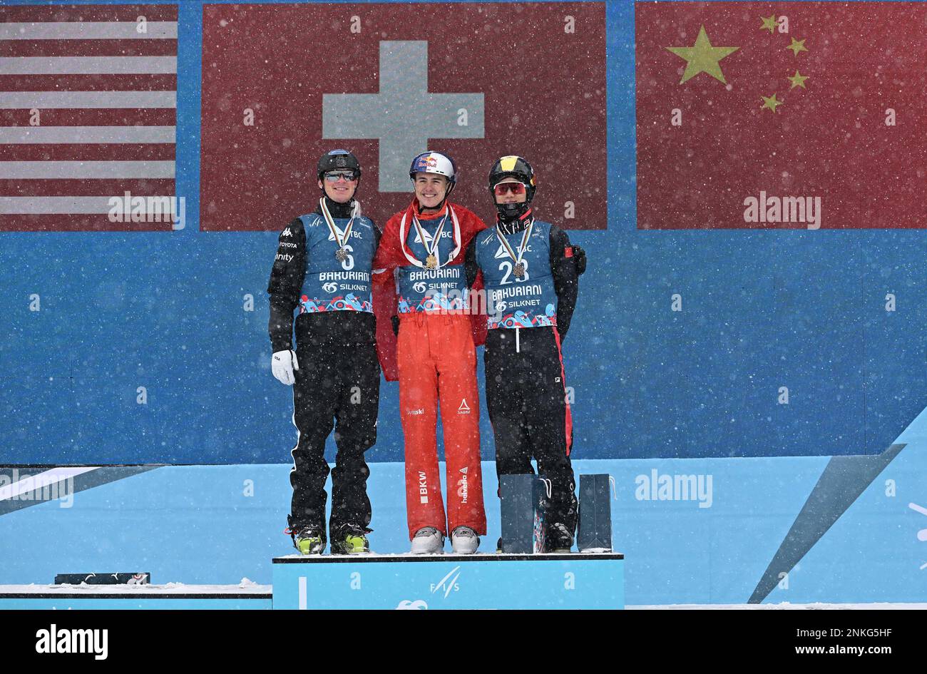 Bakuriani, Georgia. 23rd Feb, 2023. Gold medalist Noe Roth (C) of ...