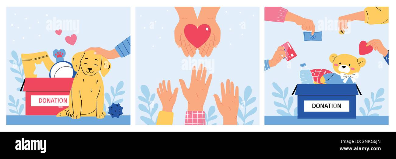 Charity fundraising volunteering flat compositions set with donation ...