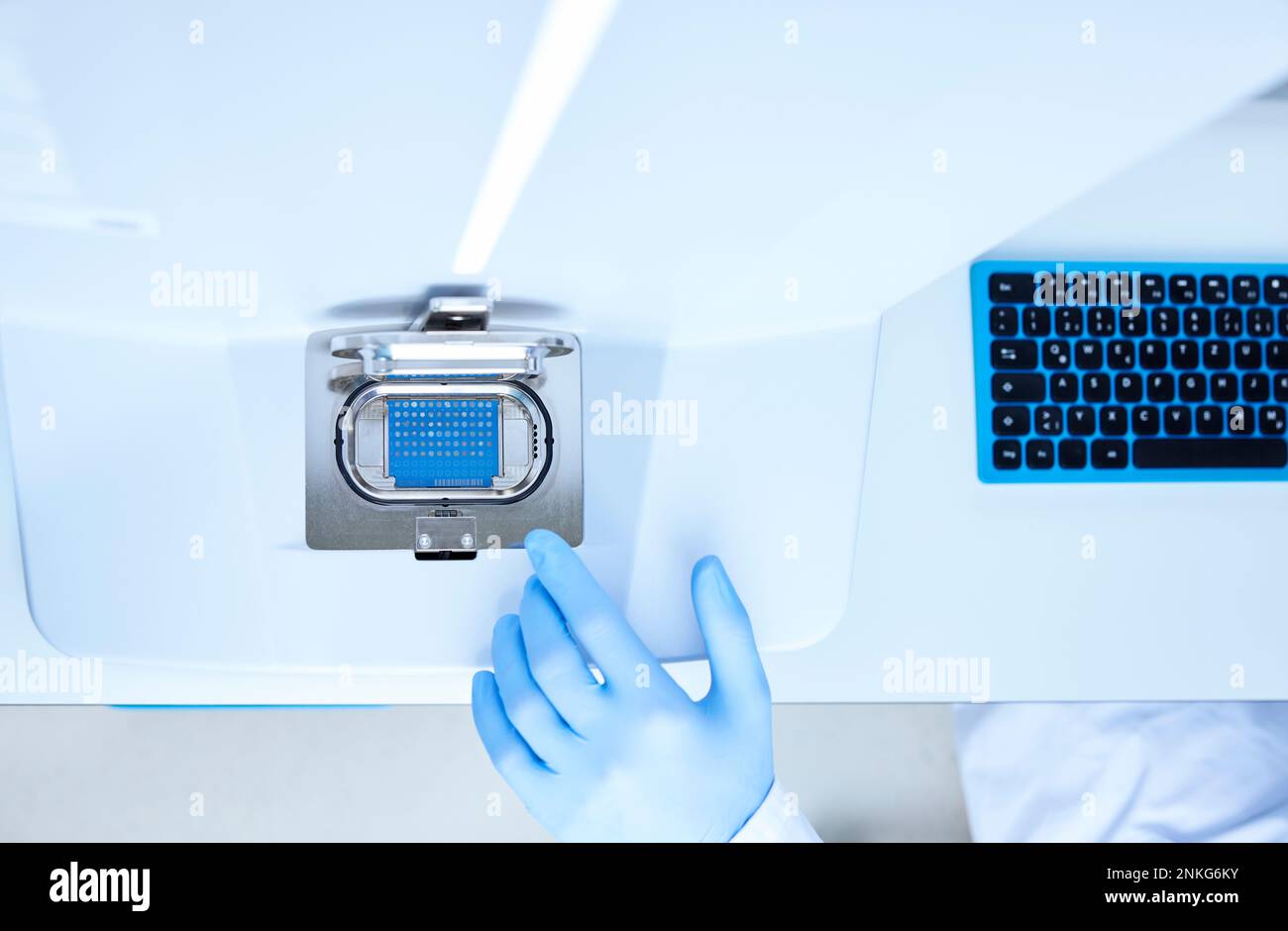 High angle view of scientist's hand and computer keyboard in a lab ...