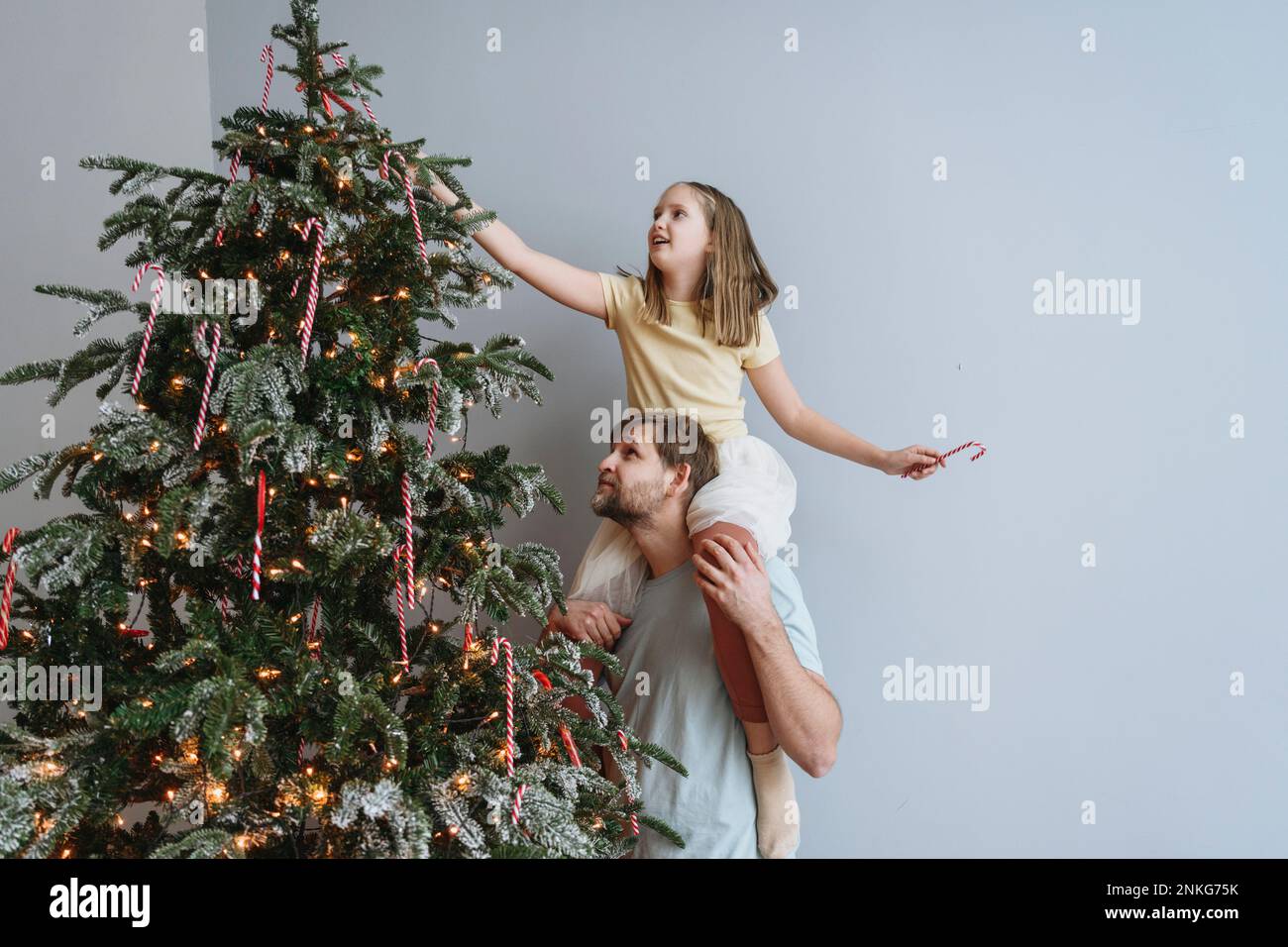 Father carrying daughter on shoulders for decorating Christmas tree at ...