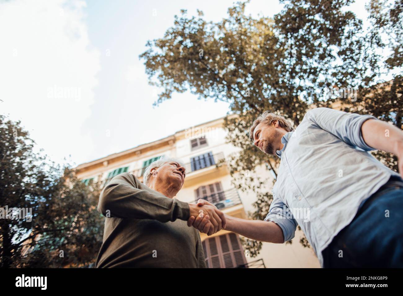 Mature man shaking hands with father in front of tree Stock Photo - Alamy