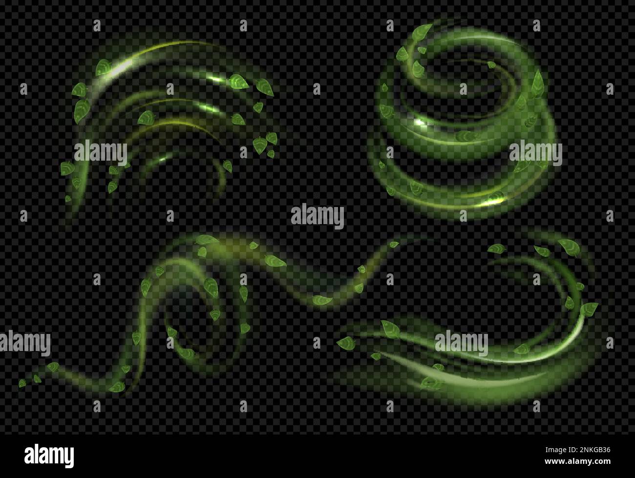 Realistic wind swirls green leaves set of isolated air puffs with light ...