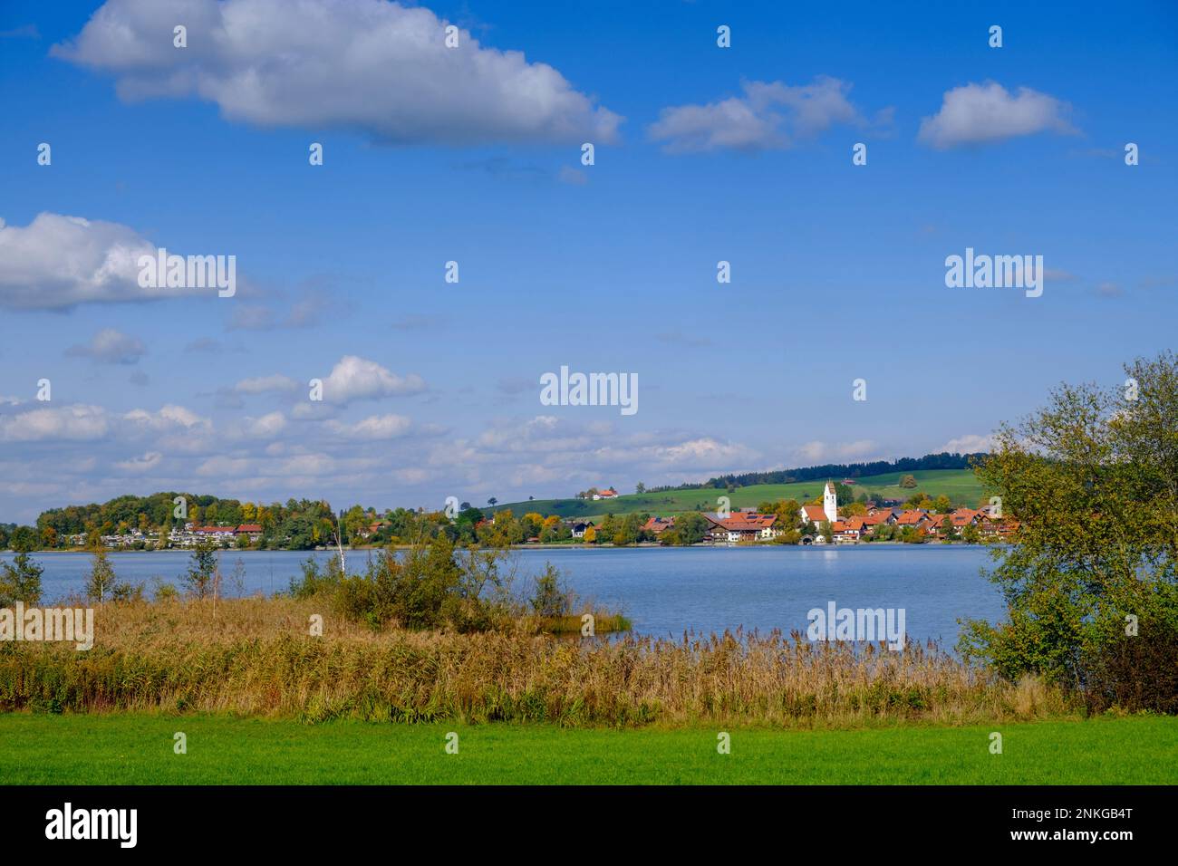 Germany, Bavaria, Riegsee, Riegsee lake and surrounding landscape in ...