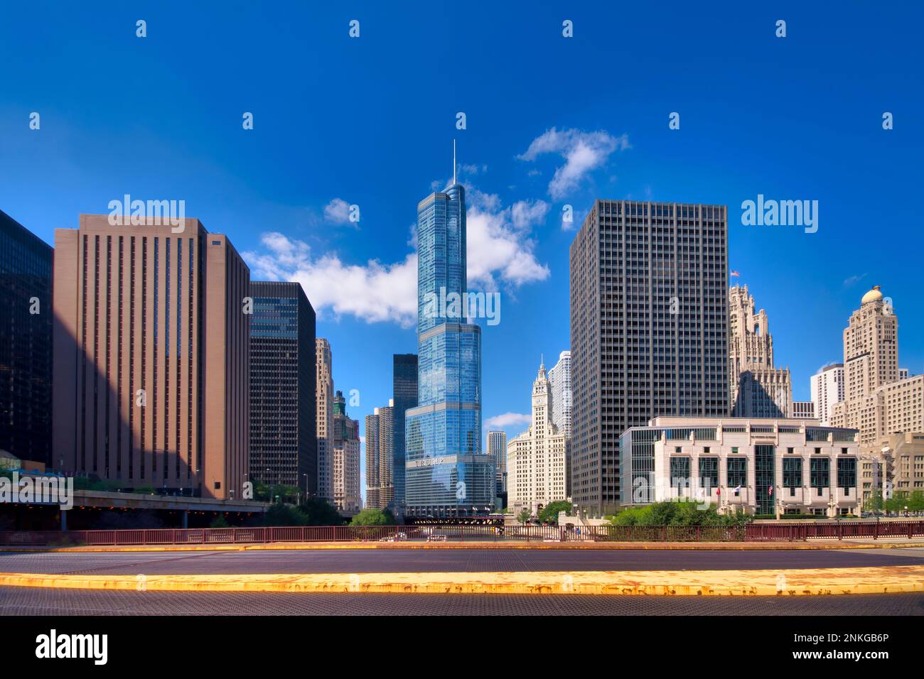 City skyline and Trump Tower in front of blue sky, Chicago, Illinois ...