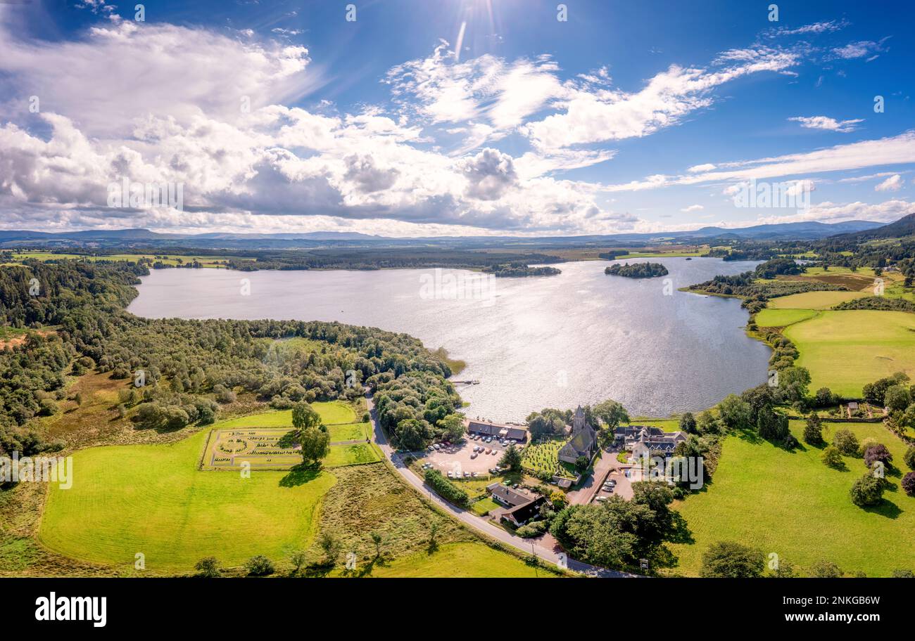 Aerial shot of Menteith Lake and Inchmahome island, Loch Lomond and The ...