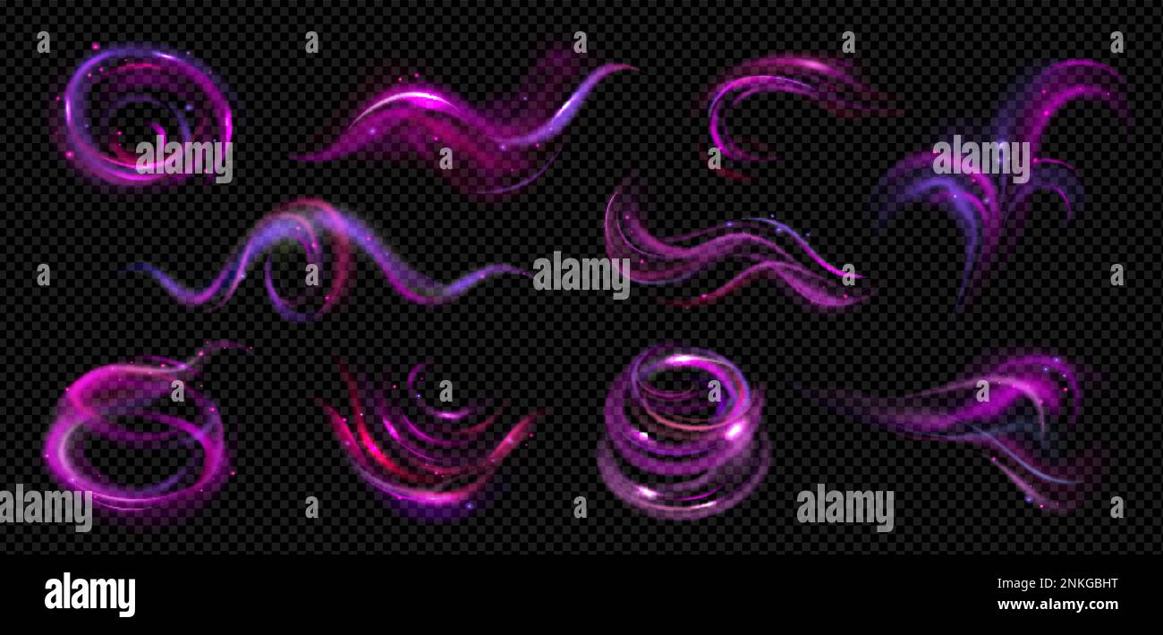 Realistic wind swirls neon color set of isolated air puffs with violet ...