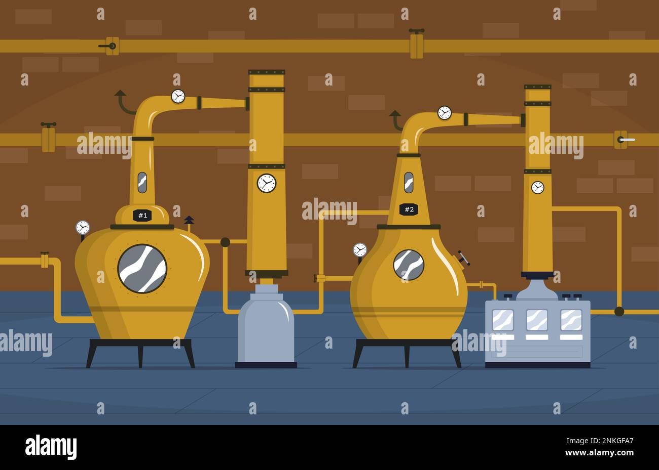 Whiskey production flat composition with indoor scenery brickwall and view of tanks and pipes ...
