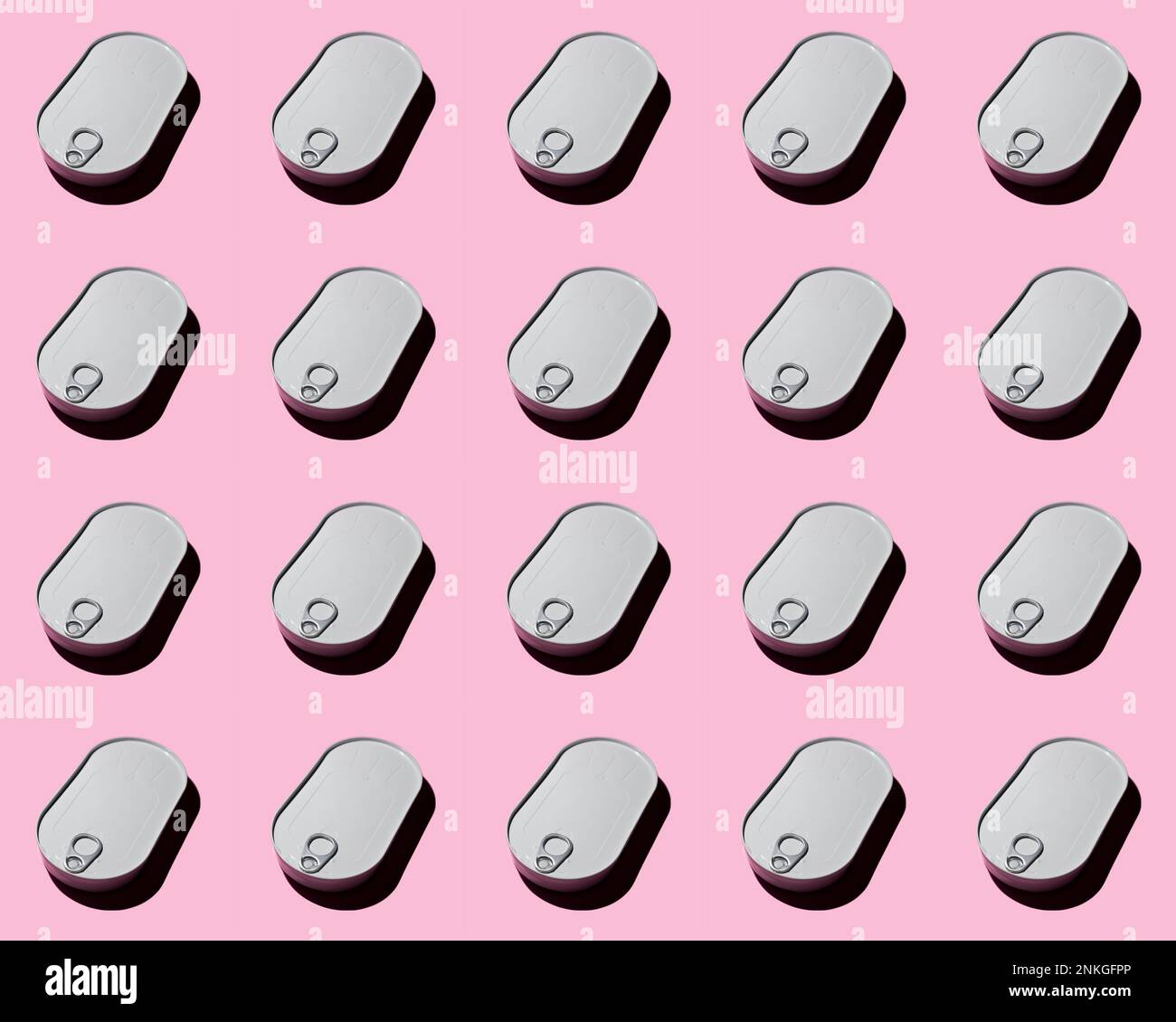 Pattern of rows of metal cans flat laid against pink background Stock ...
