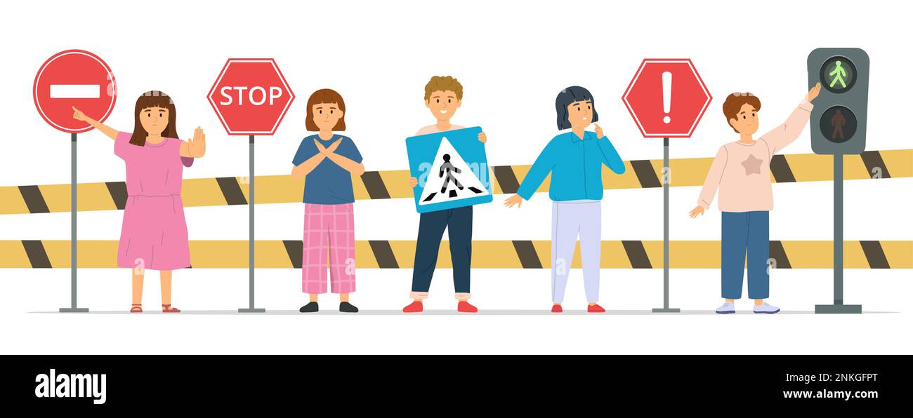 Children road rules composition with set of kids characters holding ...