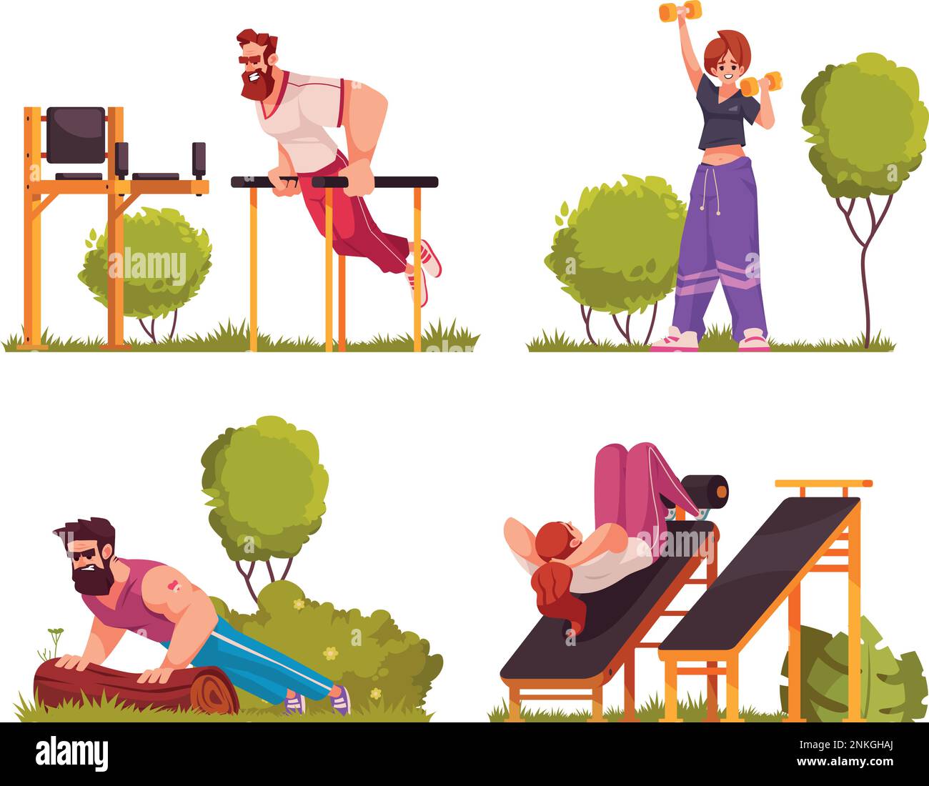 Workout cartoon composition set with males and females doing sport ...